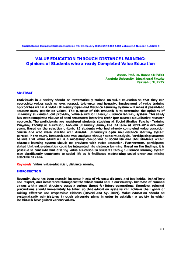 (PDF) Value Education Through Distance Learning: Opinions of Students ...