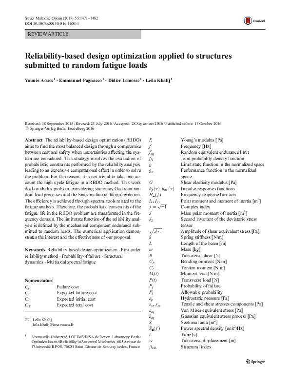 Pdf Reliability Based Design Optimization Applied To Structures Submitted To Random Fatigue Loads