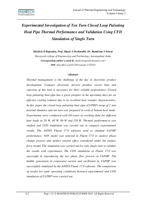 Pdf Experimental Investigation Of Ten Turn Closed Loop Pulsating Heat Pipe Thermal Performance