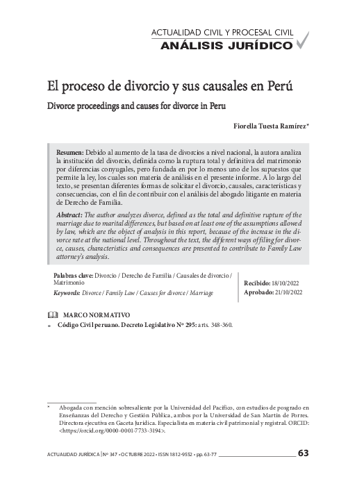 (PDF) El proceso de divorcio y sus causales en Perú