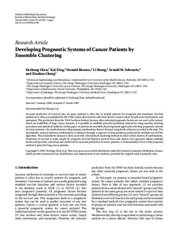 (PDF) Developing Prognostic Systems of Cancer Patients by Ensemble Clustering