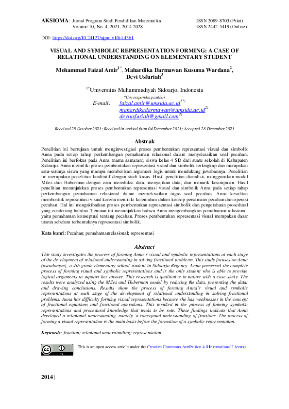 Pdf Visual And Symbolic Representation Forming A Case Of Relational Understanding On