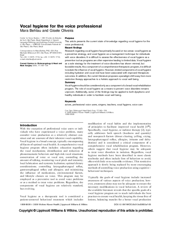 (PDF) Vocal hygiene for the voice professional