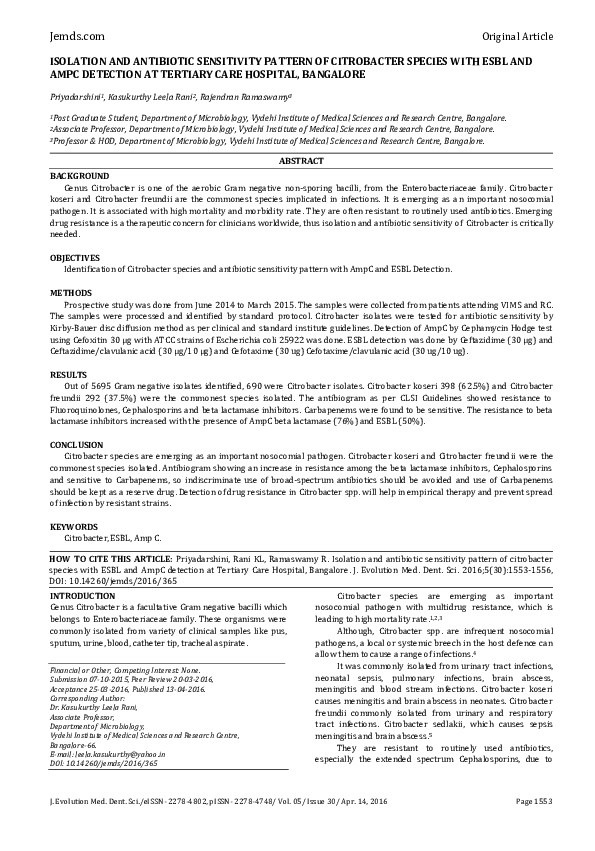 Pdf Isolation And Antibiotic Sensitivity Pattern Of Citrobacter