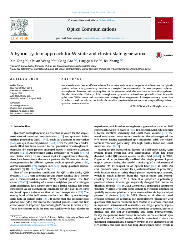 (PDF) A hybrid-system approach for W state and cluster state generation