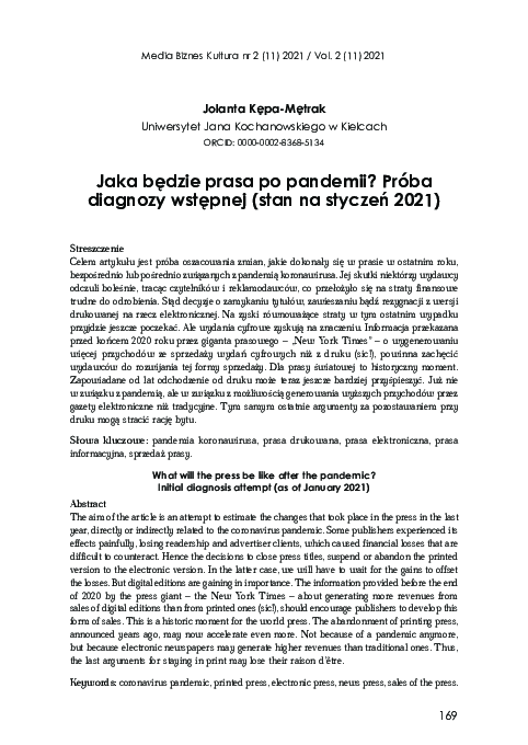 (PDF) Jaka będzie prasa po pandemii? Próba diagnozy wstępnej (stan na styczeń 2021) | Jolanta ...