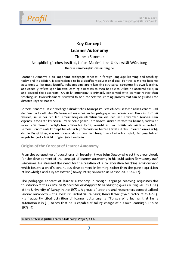 (PDF) Key Concept: Learner Autonomy