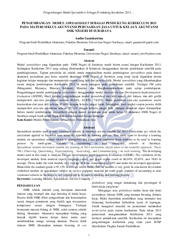 Pdf Pengembangan Modul Spreadsheet Sebagai Pendukung Kurikulum 2013