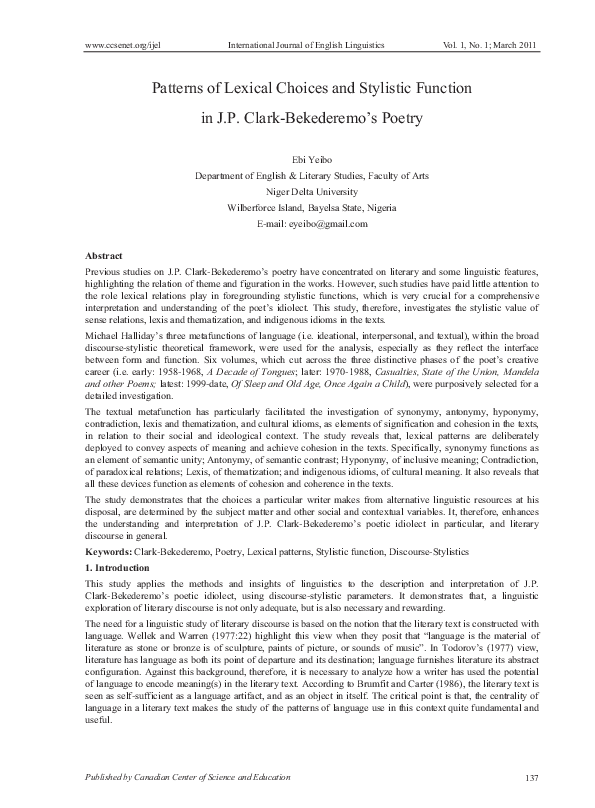 (PDF) Patterns of Lexical Choices and Stylistic Function in J.P. Clark-Bekederemo’s Poetry