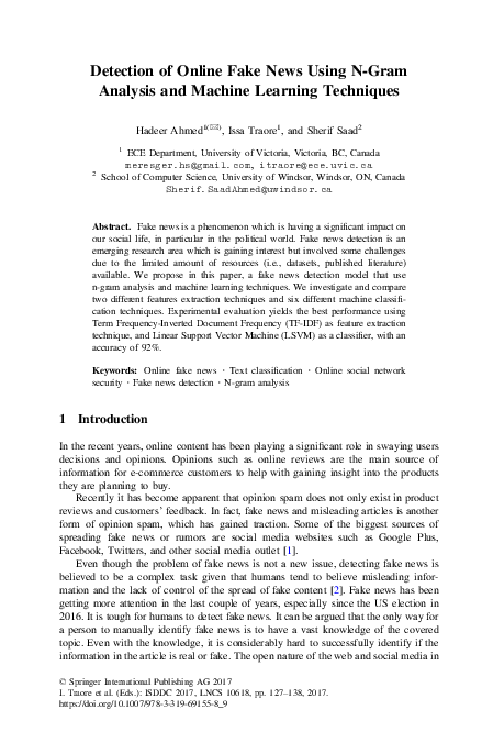 (PDF) Detection of Online Fake News Using N-Gram Analysis and Machine Learning Techniques