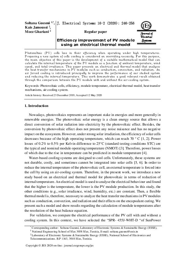 (PDF) Efficiency improvement of PV module using an electrical thermal model