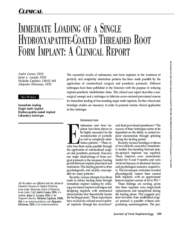 (PDF) Immediate Loading of a Single Hydroxyapatite-Coated Threaded Root ...