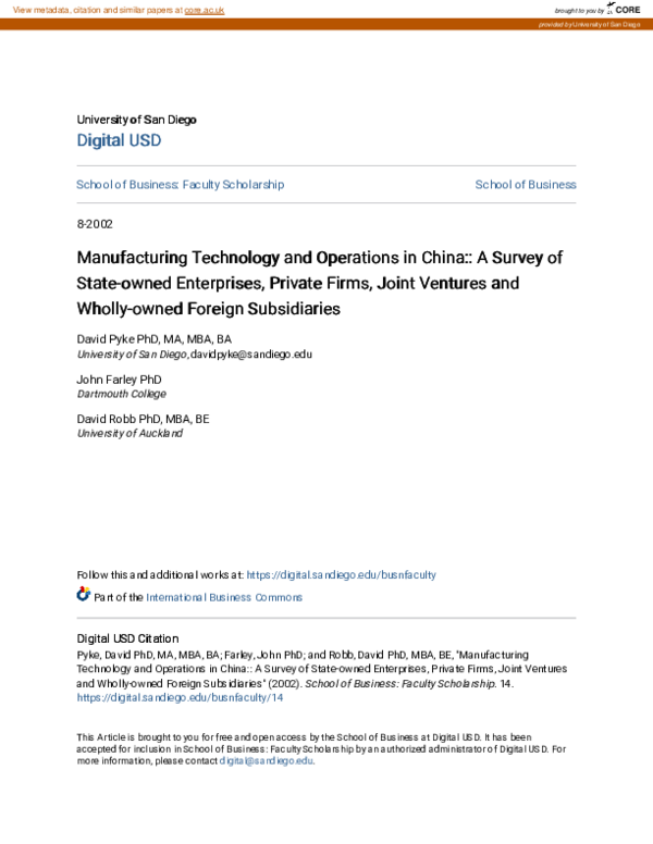 (PDF) Manufacturing Technology and Operations in China