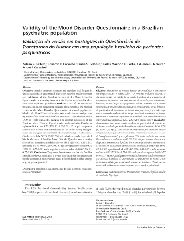 (PDF) Validity of the Mood Disorder Questionnaire in a Brazilian ...