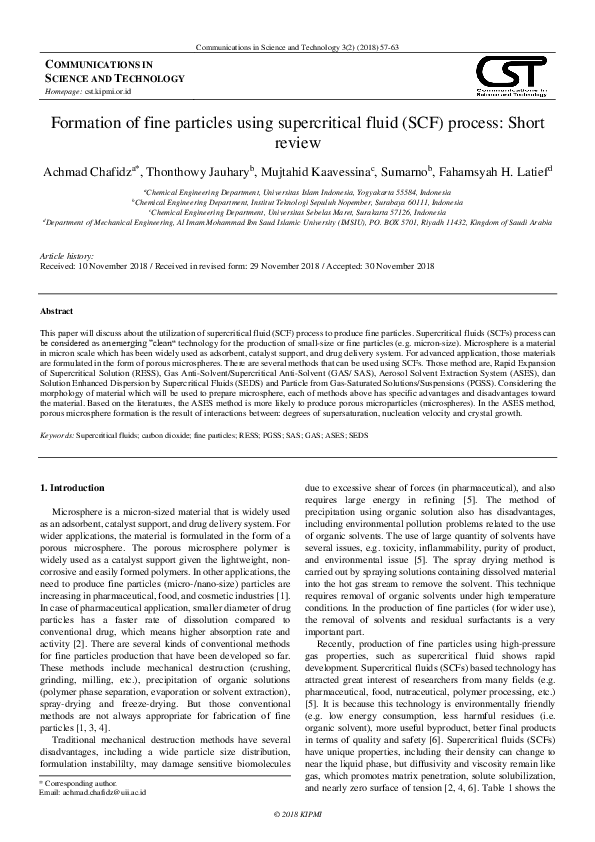 (PDF) Formation of fine particles using supercritical fluid (SCF) process: Short review