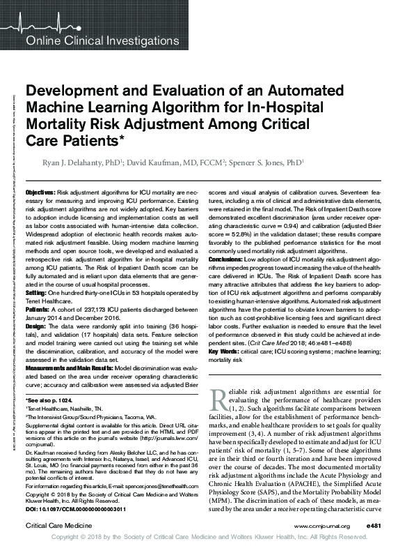 (PDF) Development and Evaluation of an Automated Machine Learning Algorithm for In-Hospital ...