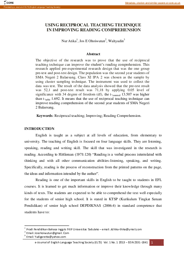 (PDF) Using Reciprocal Teaching Technique in Improving Reading Comprehension