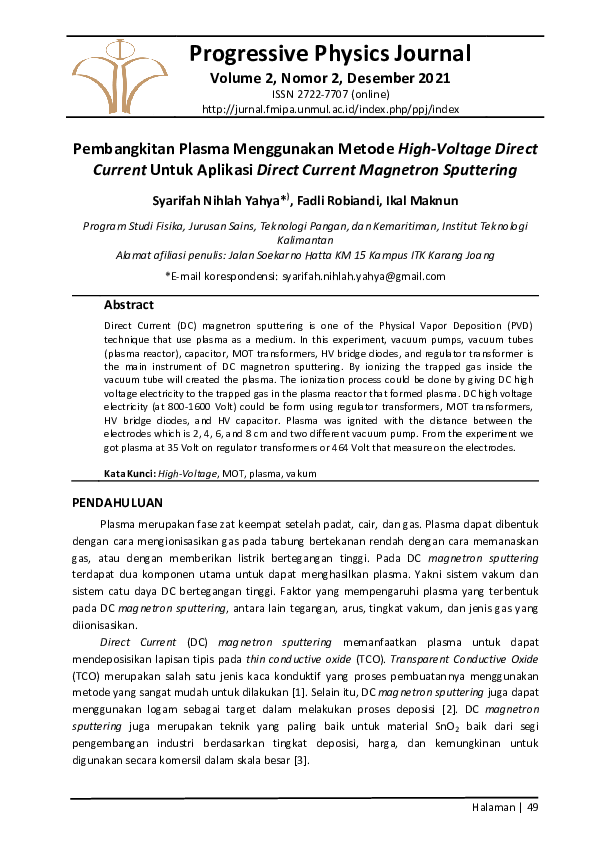 (PDF) Pembangkitan Plasma Menggunakan Metode High-Voltage Direct ...