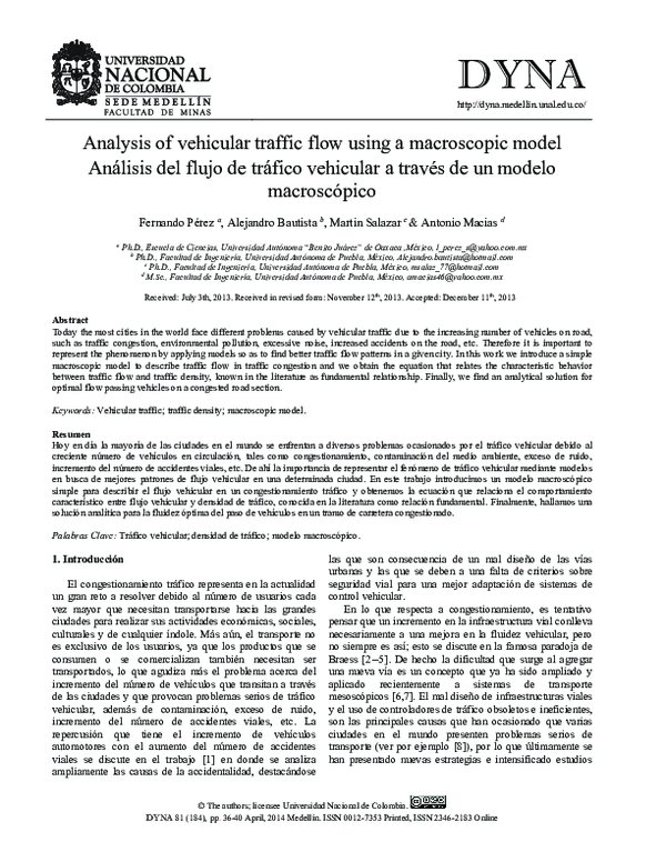 (PDF) Analysis of vehicular traffic flow using a macroscopic model