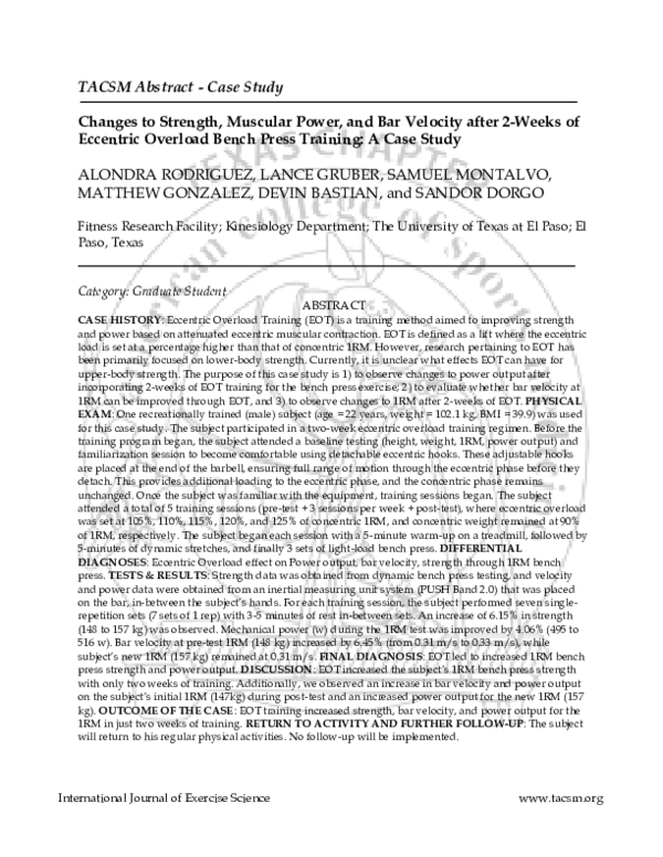 (PDF) Changes to Strength, Muscular Power, and Bar Velocity after 2-Weeks of Eccentric Overload ...