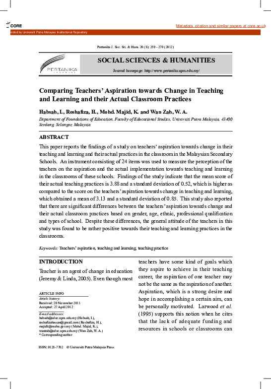 (PDF) Comparing Teachers' Aspiration towards Change in Teaching and ...