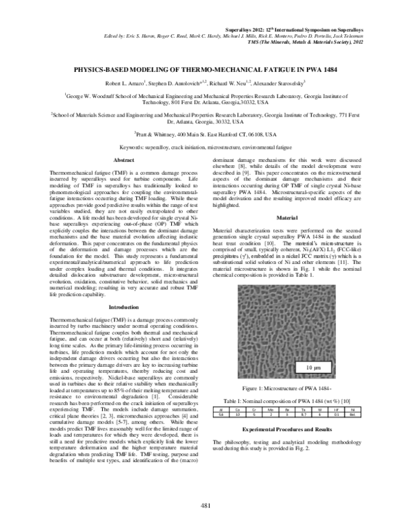 (PDF) Physics-Based Modeling of Thermo-Mechanical Fatigue in PWA 1484