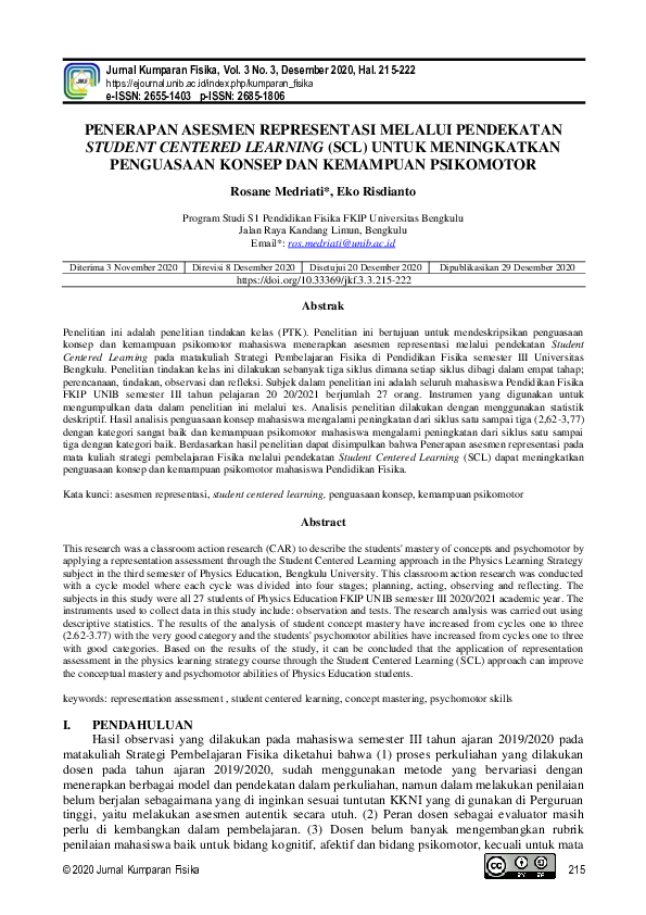 (PDF) Penerapan Asesmen Representasi Melalui Pendekatan Student Centered Learning (SCL) Untuk ...