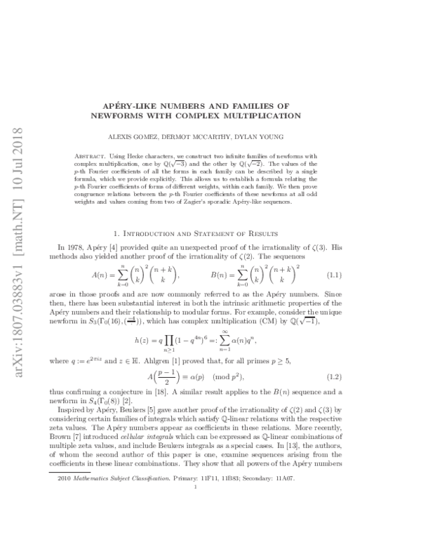 (PDF) Apéry-like numbers and families of newforms with complex multiplication