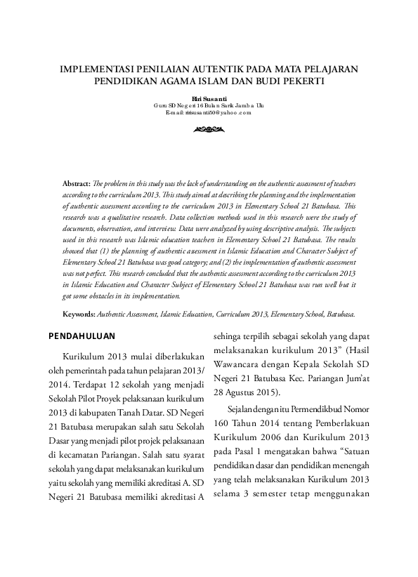 (PDF) Implementasi Penilaian Autentik Pada Mata Pelajaran Pendidikan Agama Islam Dan Budi Pekerti