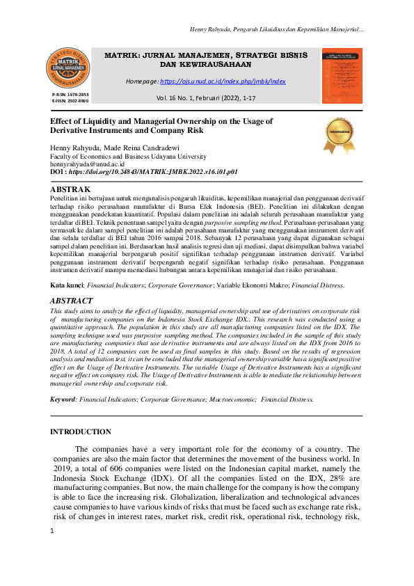(PDF) Effect of Liquidity and Managerial Ownership on the Usage of Derivative Instruments and ...