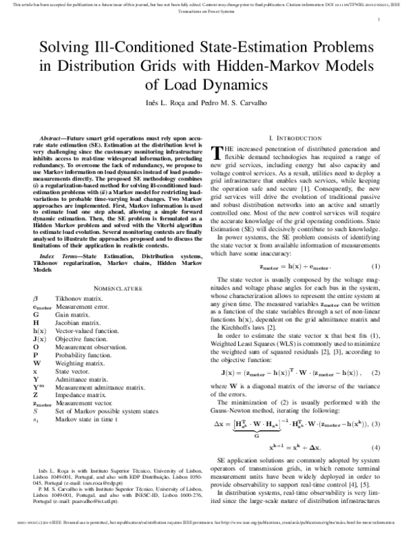 Pdf Solving Ill Conditioned State Estimation Problems In Distribution Grids With Hidden Markov