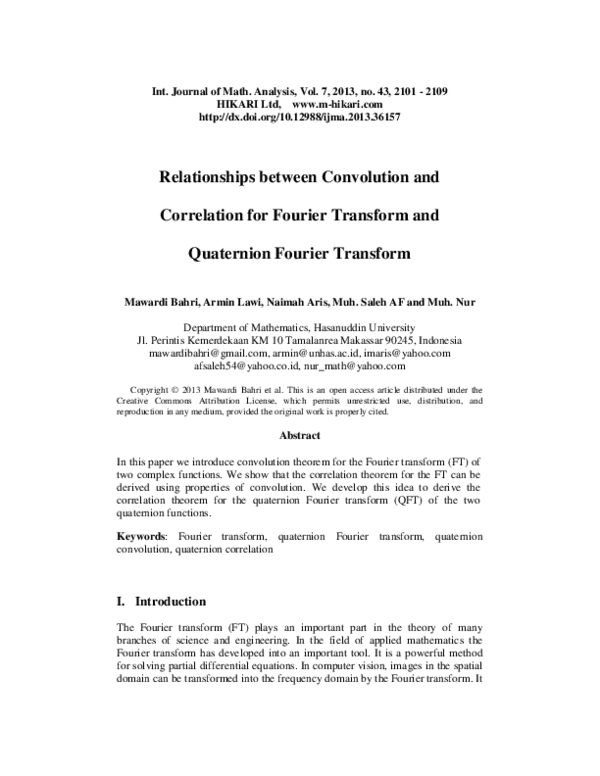 (PDF) Relationships between convolution and correlation for Fourier transform and quaternion ...