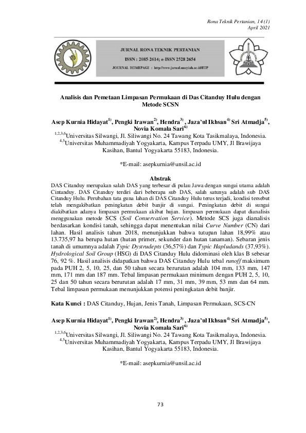 (PDF) Analisis dan Pemetaan Limpasan Permukaan di DAS Citanduy Hulu dengan Metode SCSN | Asep ...
