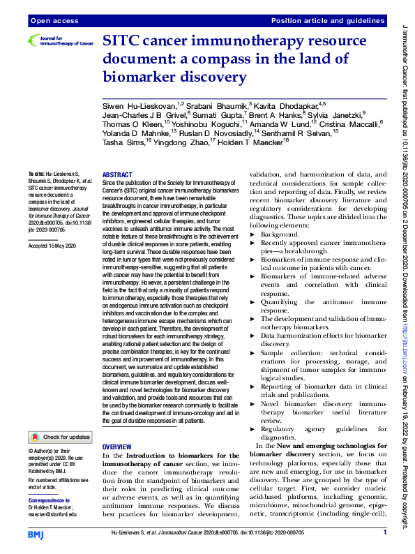 (PDF) SITC cancer immunotherapy resource document: a compass in the ...