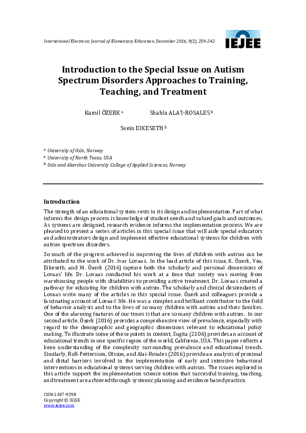 (PDF) Introduction to the special ıssue on autism spectrum disorders ...