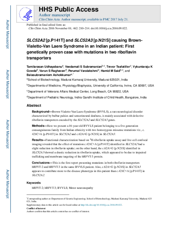 (PDF) SLC52A2 [p.P141T] and SLC52A3 [p.N21S] causing Brown-Vialetto-Van ...