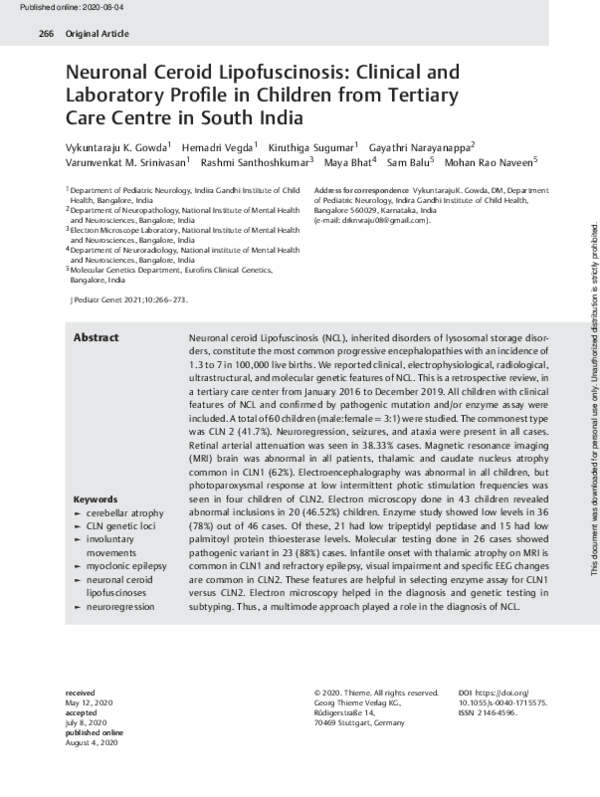 (PDF) Neuronal Ceroid Lipofuscinosis: Clinical and Laboratory Profile ...