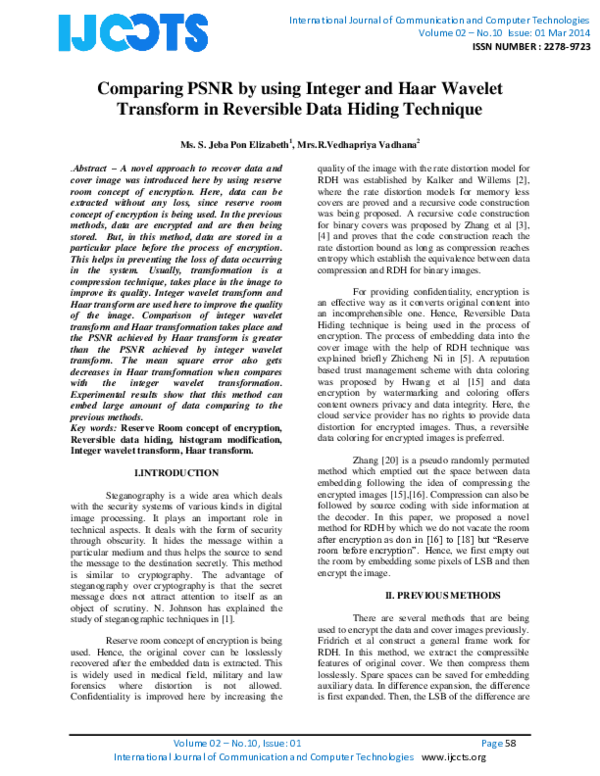 (PDF) Comparing PSNR by using Integer and Haar Wavelet Transform in Reversible Data Hiding Technique