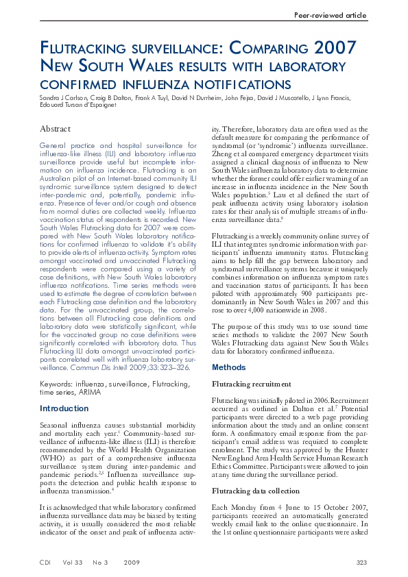 (PDF) Peer-reviewed article FLUTRACKING SURVEILLANCE: COMPARING 2007 NEW SOUTH WALES RESULTS ...