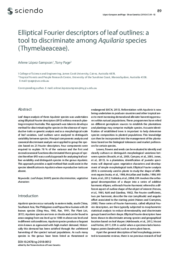 (PDF) Elliptical Fourier Descriptors of Leaf Outlines: A Tool to ...