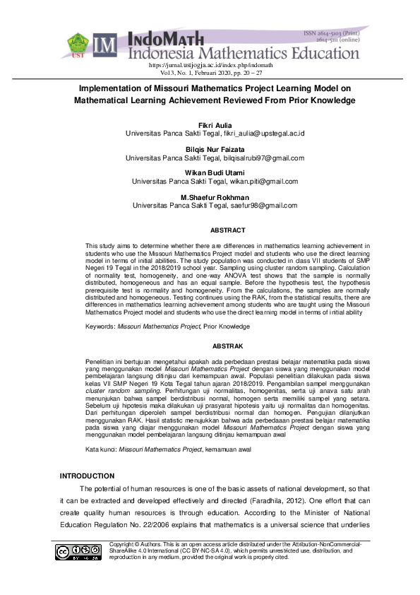 (PDF) Implementation of Missouri Mathematics Project Learning Model on ...