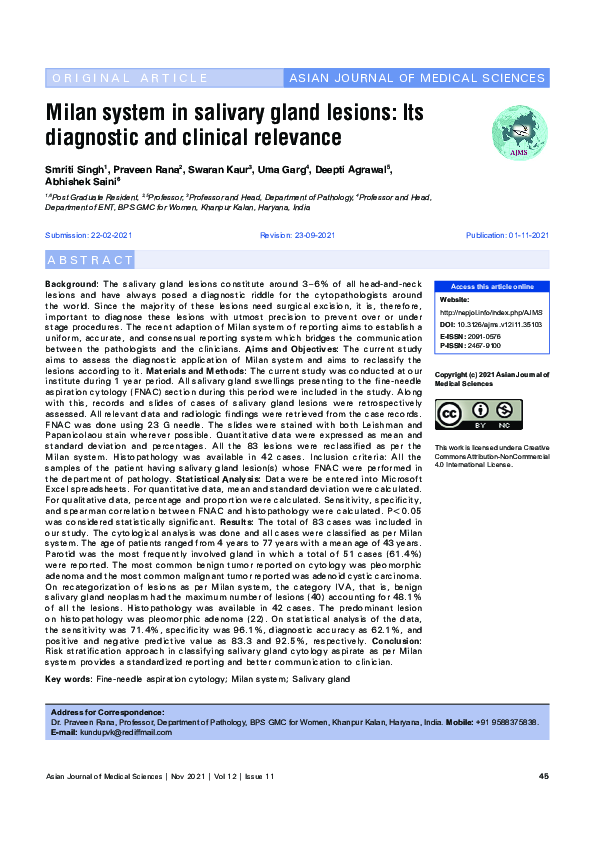 (PDF) Milan system in salivary gland lesions: Its diagnostic and ...