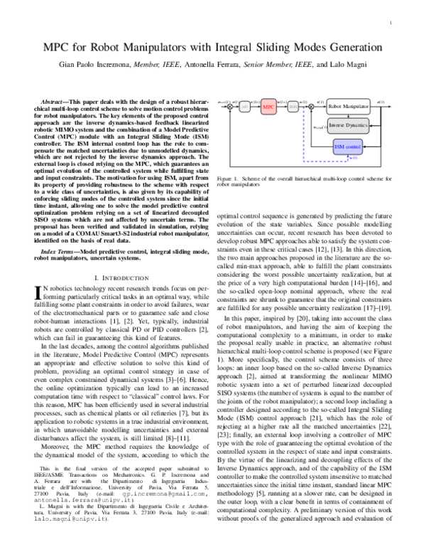 Pdf Mpc For Robot Manipulators With Integral Sliding Modes Generation