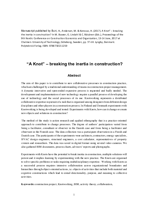 (PDF) A “Knot” – breaking the inertia in construction?