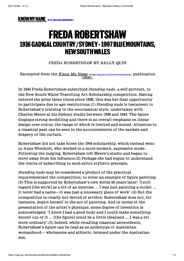 (PDF) Catalogue entry for 'Freda Robertshaw (Standing Nude, 1944)'