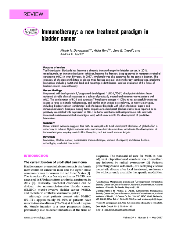 (PDF) Immunotherapy: a new treatment paradigm in bladder cancer ... (PDF) Immunotherapy: a new treatment paradigm in bladder cancer ...
