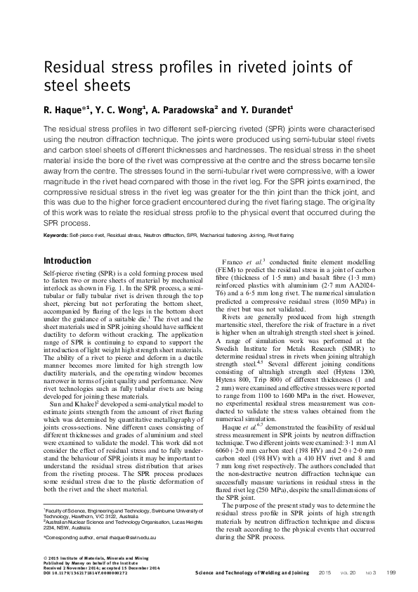 (PDF) Residual stress profiles in riveted joints of steel sheets
