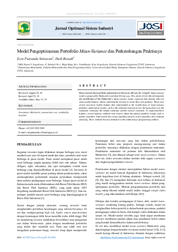 (PDF) Model Pengoptimuman Portofolio Mean-Variance dan Perkembangan Praktisnya