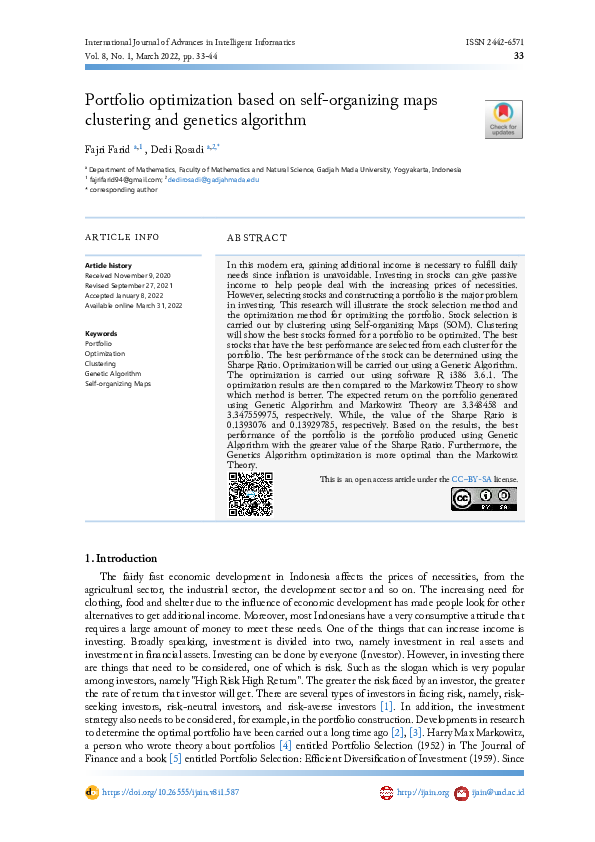 (PDF) Portfolio optimization based on self-organizing maps clustering and genetics algorithm