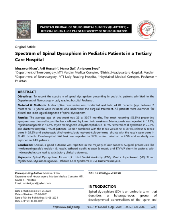 (PDF) Spectrum of Spinal Dysraphism in Pediatric Patients in a Tertiary ...